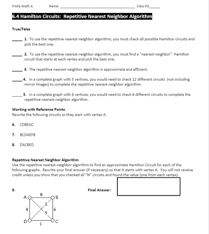 Solved Finite Math A Name: Class Pd 6.4 Hamilton Circuits: | Chegg.com