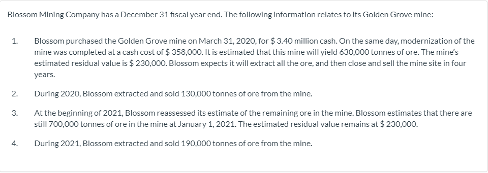 Solved Blossom Mining Company has a December 31 fiscal year | Chegg.com