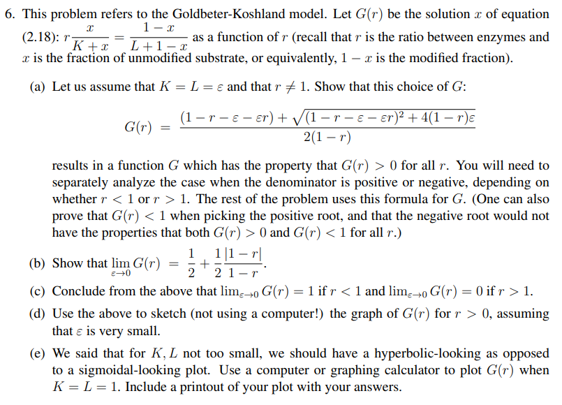 Solved 6. This problem refers to the Goldbeter-Koshland | Chegg.com