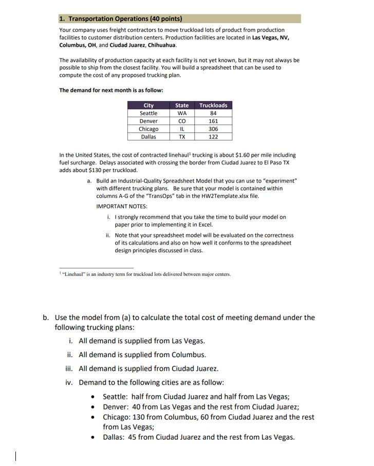 Solved 1. Transportation Operations (40 points) Your company | Chegg.com