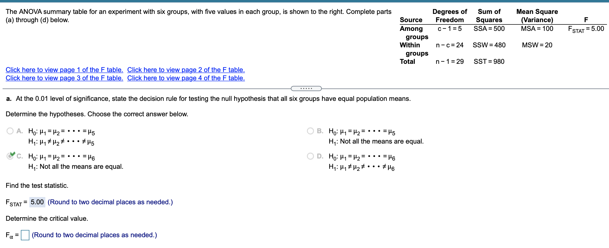 Solved The ANOVA summary table for an experiment with six | Chegg.com