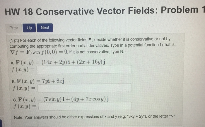 Solved HW 18 Conservative Vector Fields: Problem 1 Prev Up | Chegg.com