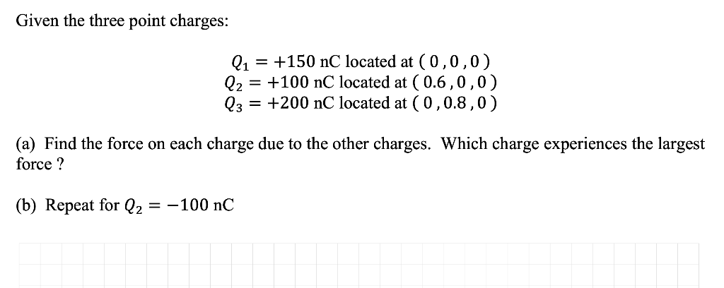 Solved Given the three point charges: Q1=+150nC located at | Chegg.com