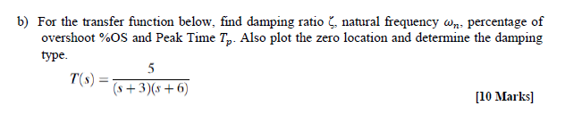Solved b) For the transfer function below, find damping | Chegg.com