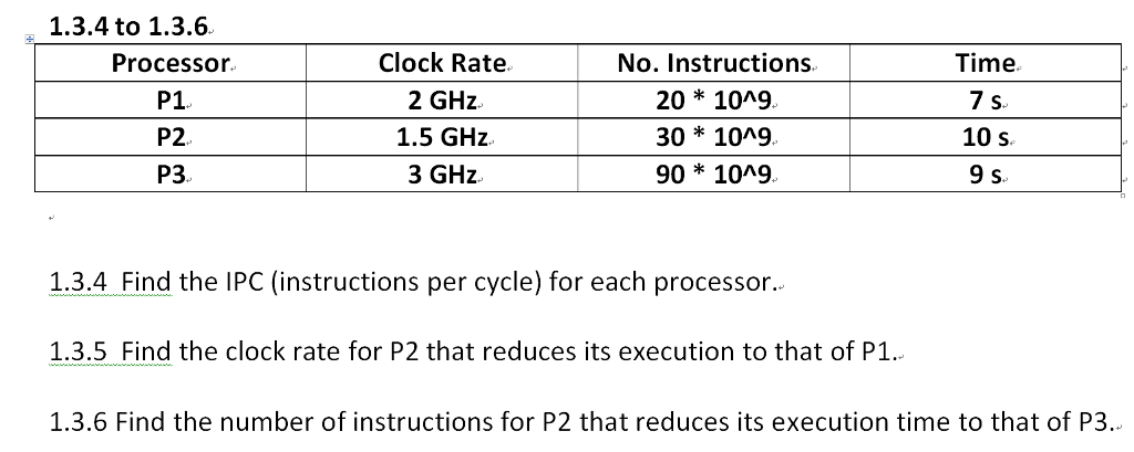 Solved 1.3.4 to 1.3.6 Processor P1 P2. P3 Clock Rate. 2 GHz. | Chegg.com