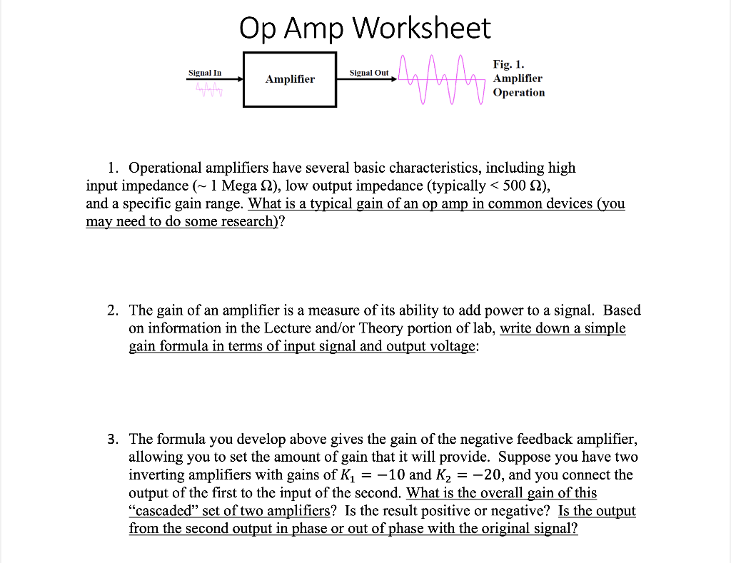 Solved Op Amp Worksheet Signal In Signal Out Amplifier Ahh | Chegg.com