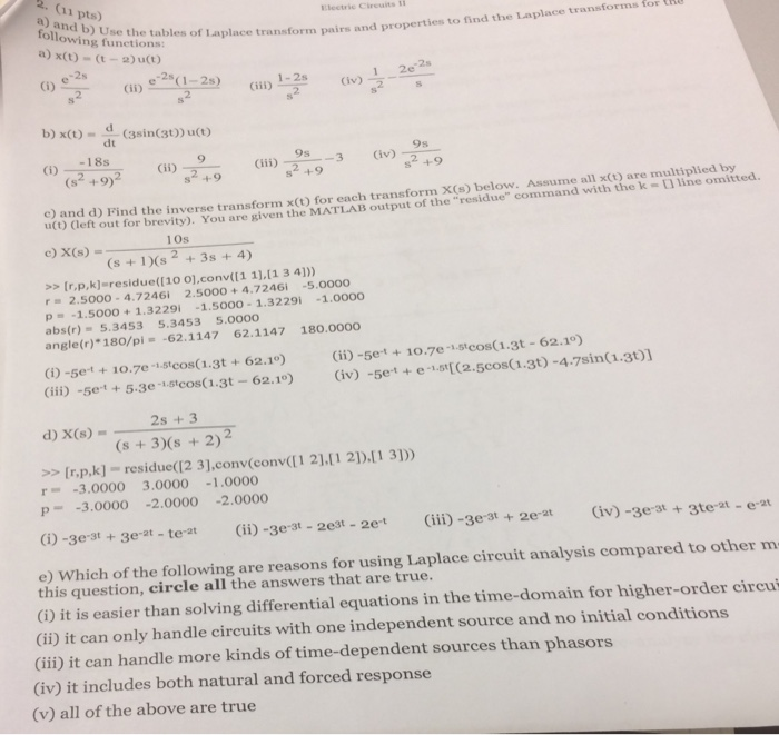 Solved 2. (11 pts) a) and b) Use the tables of Laplace | Chegg.com