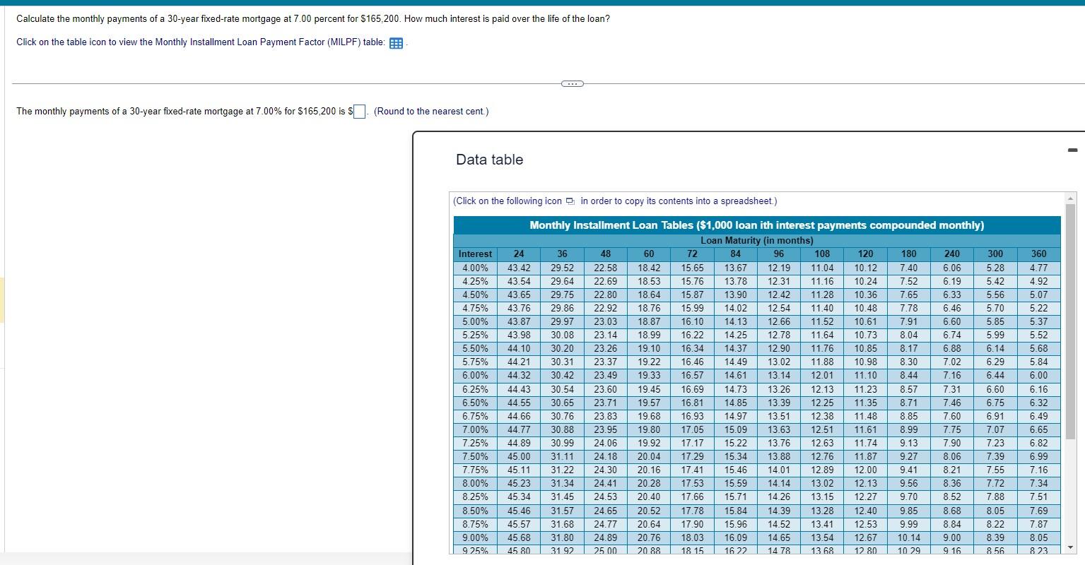 Solved Calculate the monthly payments of a 30 -year | Chegg.com