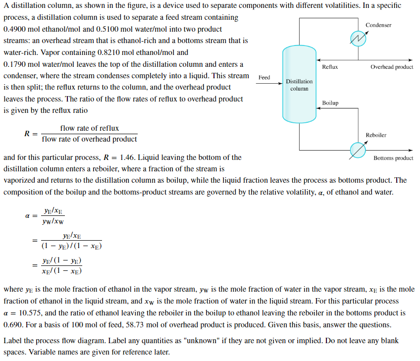 Solved A distillation column, as shown in the figure, is a | Chegg.com