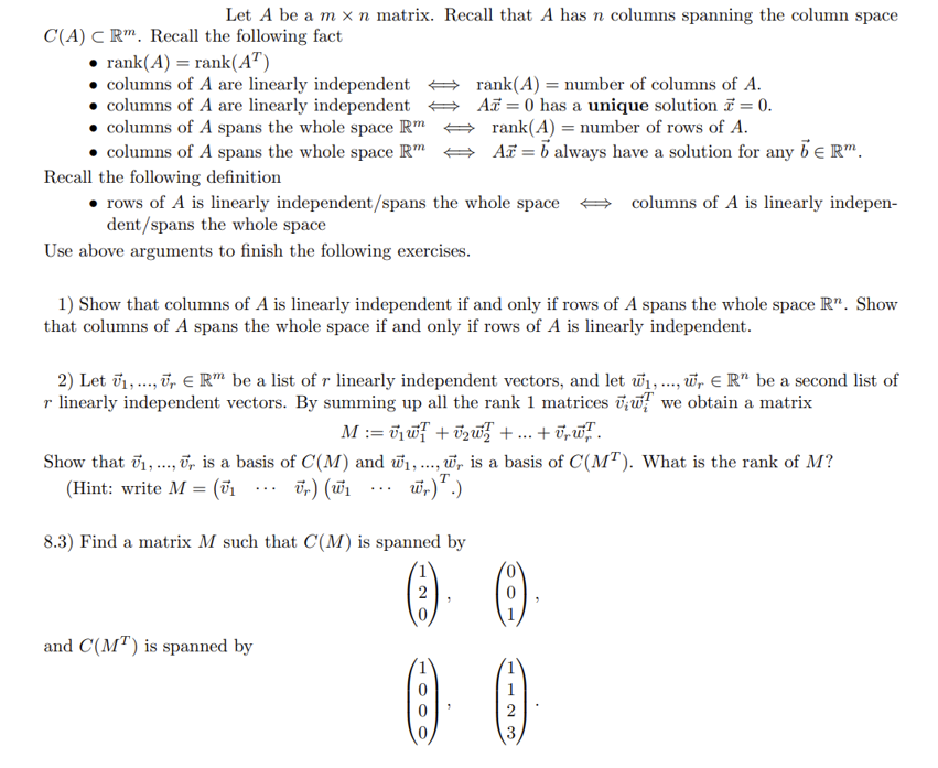Solved Let A be a m×n matrix. Recall that A has n columns | Chegg.com