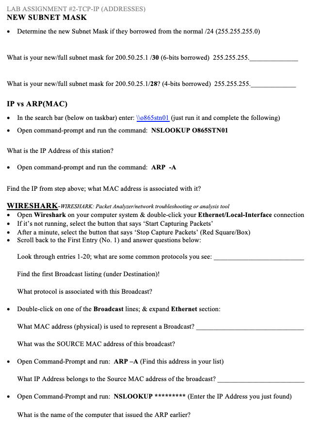 Solved LAB ASSIGNMENT #2-TCP-IP (ADDRESSES) NEW SUBNET MASK | Chegg.com