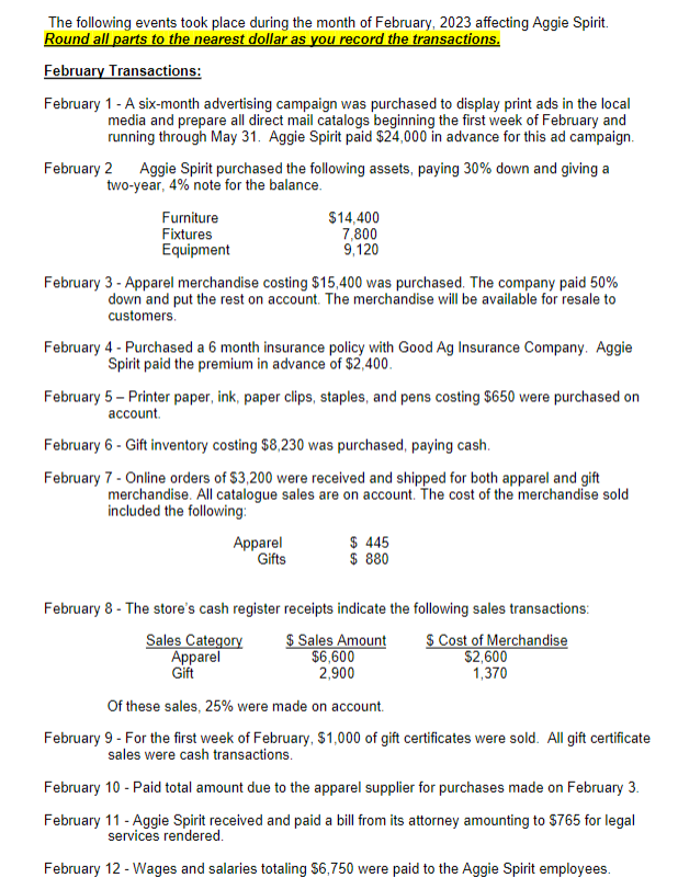I need these transactions for the month of February | Chegg.com