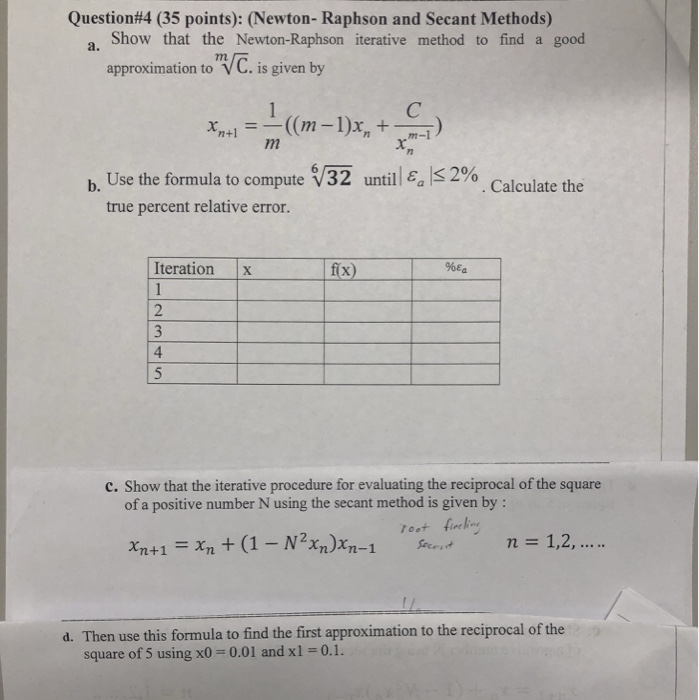 Solved Question#4 (35 points): (Newton-Raphson and Secant | Chegg.com