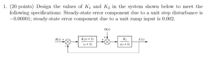 Solved 1. (20 points) Design the values of K and K, in the | Chegg.com