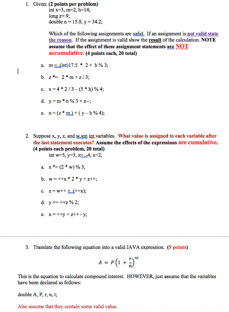 Solved 1. Given: (2 points per problem) int x-3, m-2, h-14; | Chegg.com