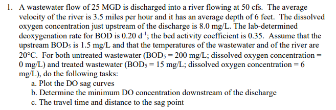 Solved 1. A wastewater flow of 25MGD is discharged into a | Chegg.com