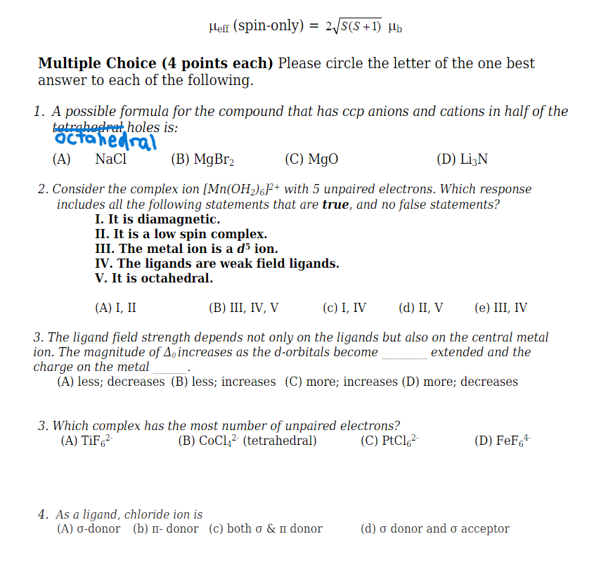 Solved μeff (spin-only) =2S(S+1)μb Multiple Choice (4 | Chegg.com