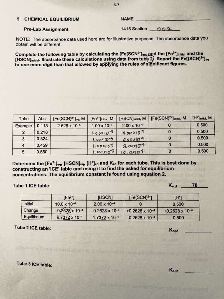 5-7 5 CHEMICAL EQUILIBRIUM NAME Pre-Lab Assignment | Chegg.com