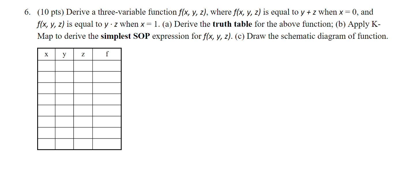 Solved 6. (10 pts) Derive a three-variable function f(x, y, | Chegg.com