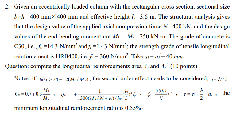 Solved 2. Given an eccentrically loaded column with the | Chegg.com