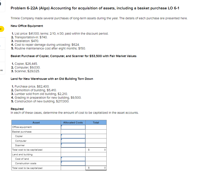 Solved Problem 6-22A (Algo) Accounting for acquisition of | Chegg.com