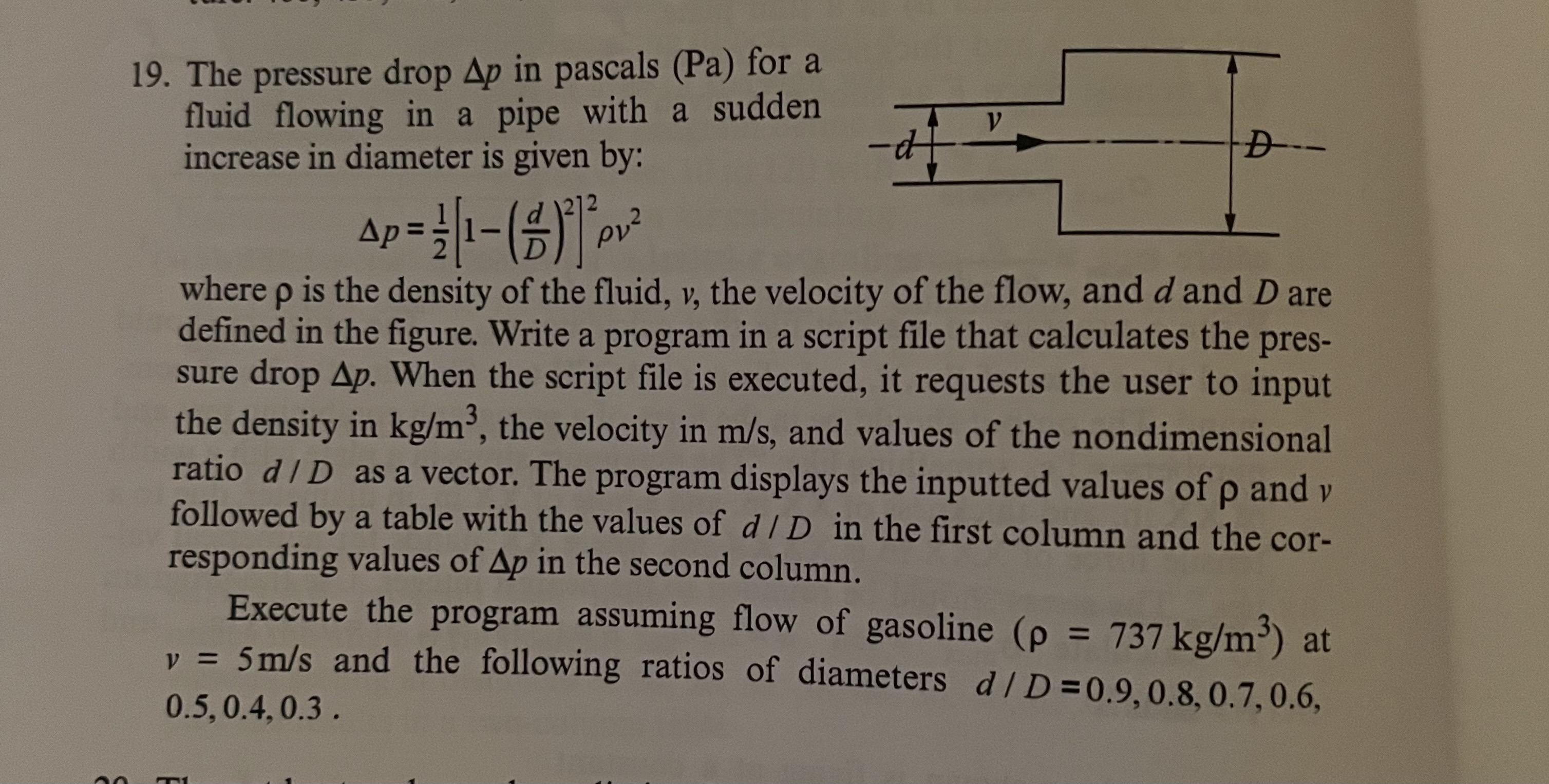 Solved 19. The pressure drop Δp in pascals (Pa) for a fluid | Chegg.com