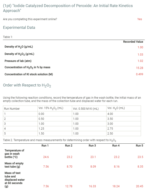 (1 pt) "lodide Catalyzed Decomposition of Peroxide: | Chegg.com