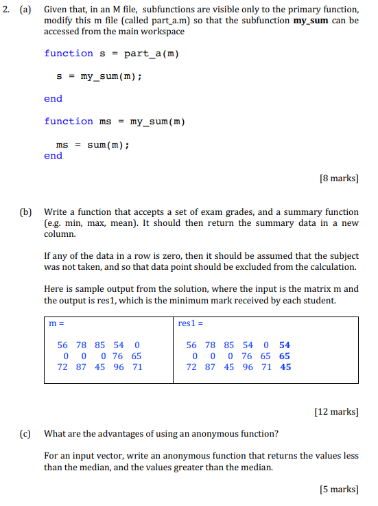 2. (a) Given that, in an M file, subfunctions are | Chegg.com