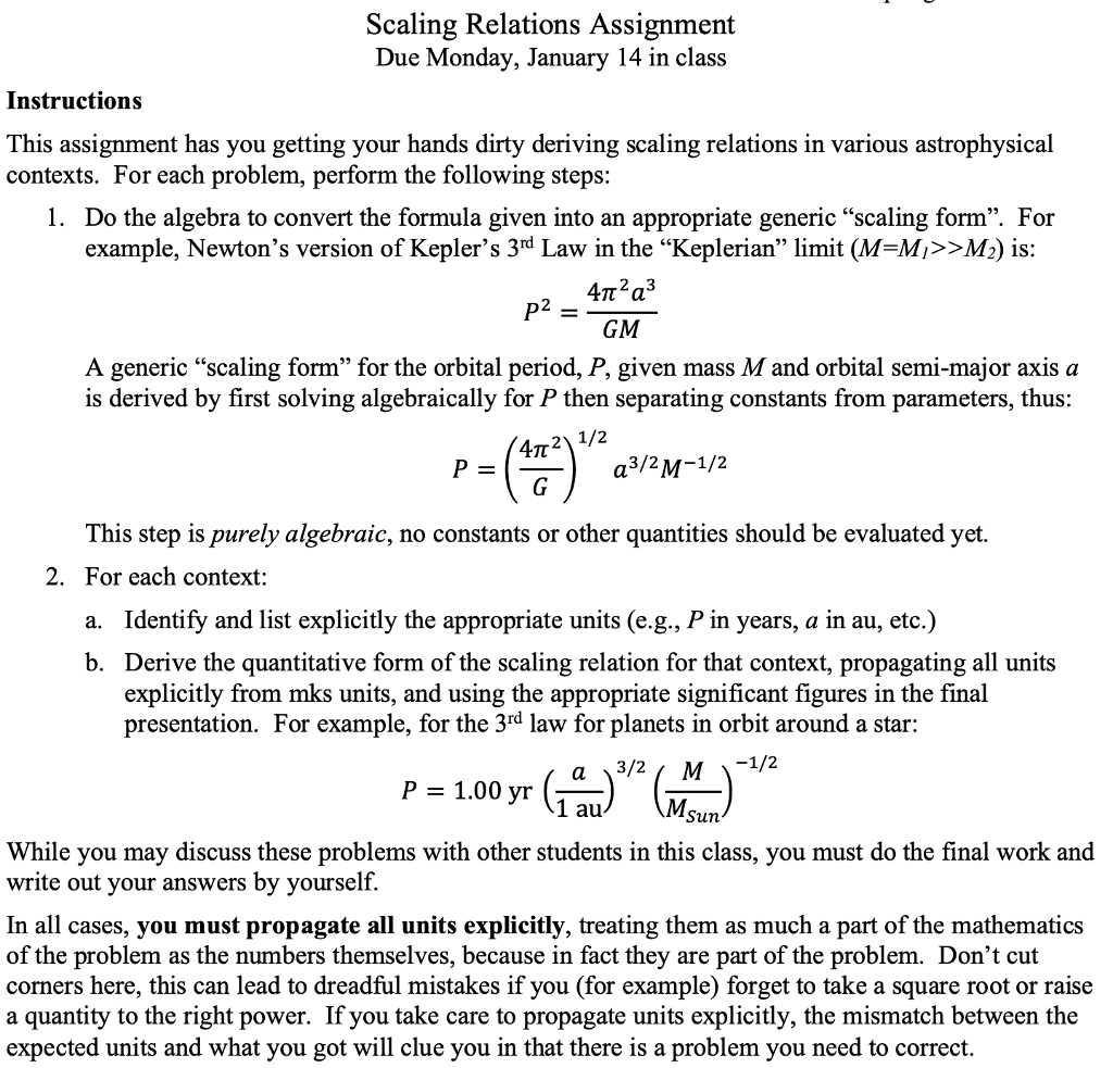 Scaling Relations Assignment Due Monday, January 14 | Chegg.com