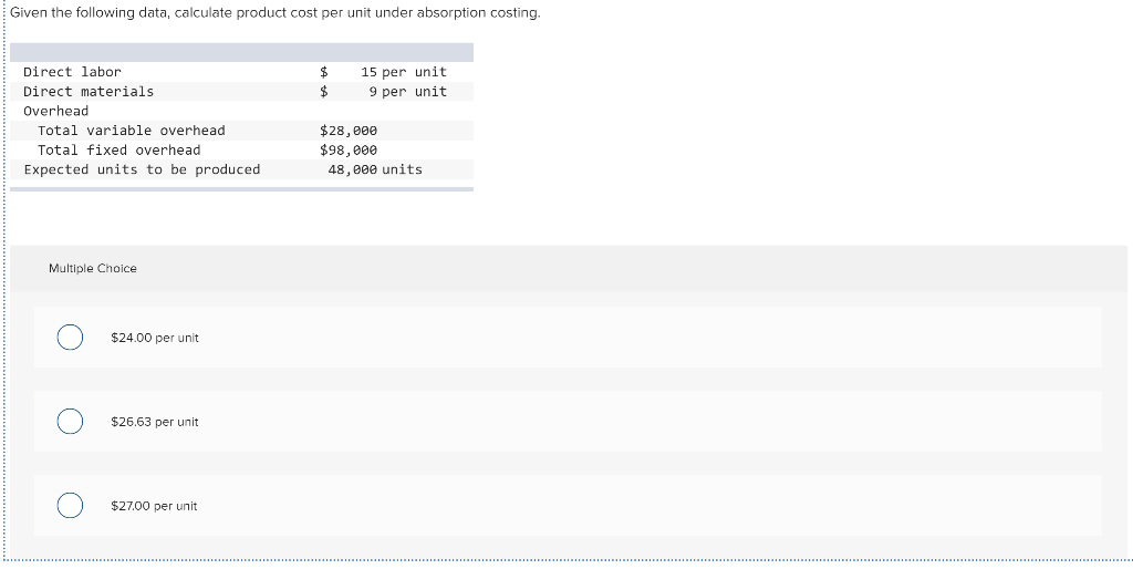 Solved Given The Following Data Calculate Product Cost Per Chegg