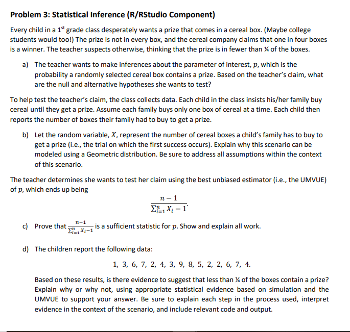 Problem 3: Statistical Inference (R/RStudio | Chegg.com