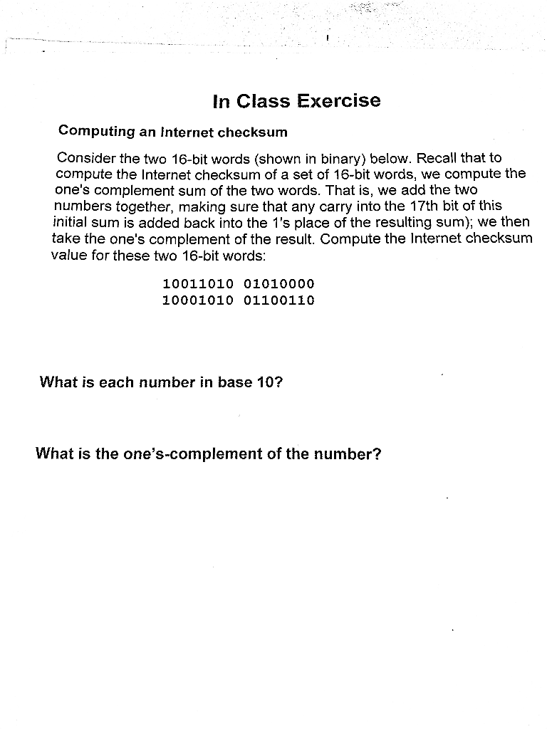 Solved In Class Exercise Computing an Internet checksum | Chegg.com