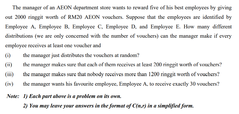 Solved The manager of an AEON department store wants to | Chegg.com
