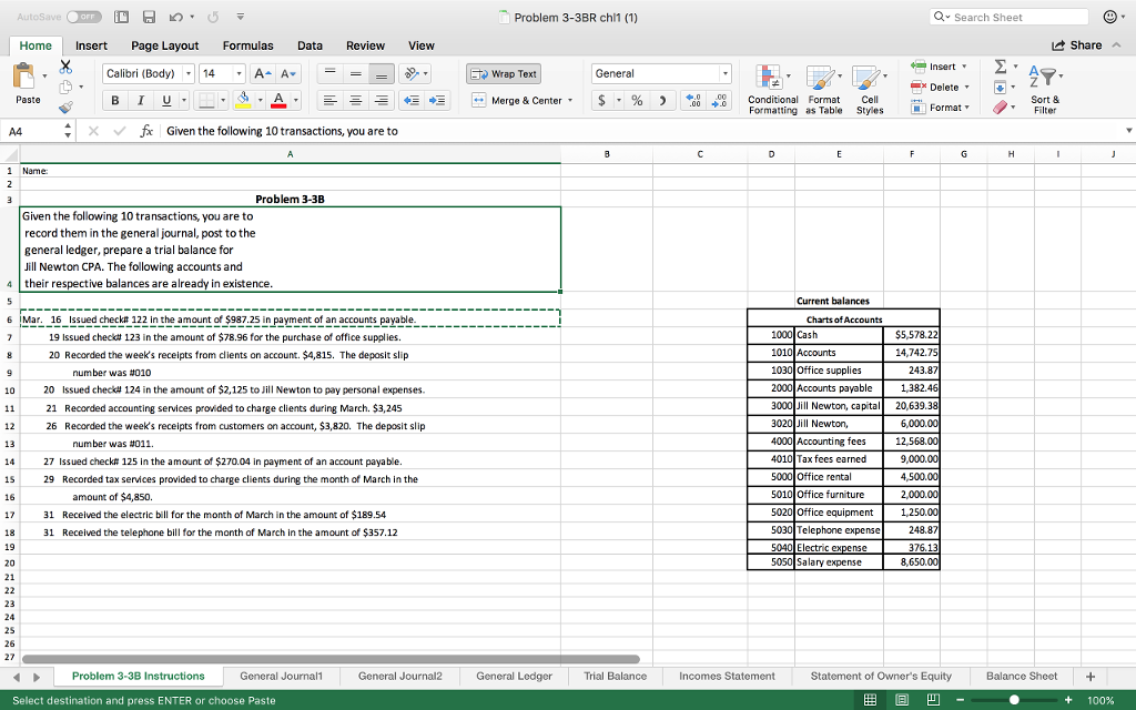 Solved Problem 3-3BR chl1 (1) Q Search Sheet Home Insert | Chegg.com
