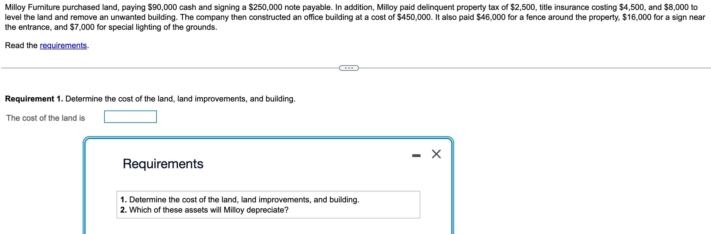 Solved Milloy Furniture purchased land, paying $90,000 cash | Chegg.com