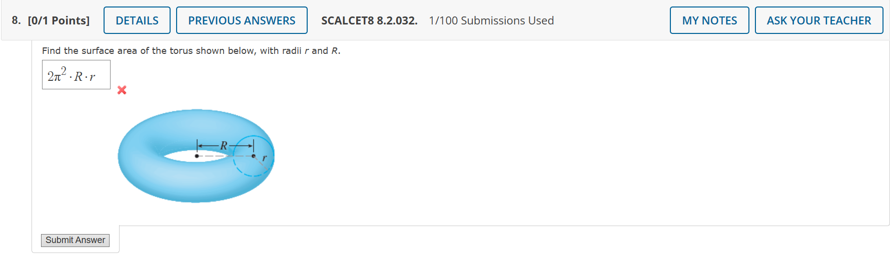 Solved Find the surface area of the torus shown below, with | Chegg.com