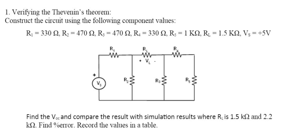 Solved 1. Verifying the Thevenin's theorem: Construct the | Chegg.com