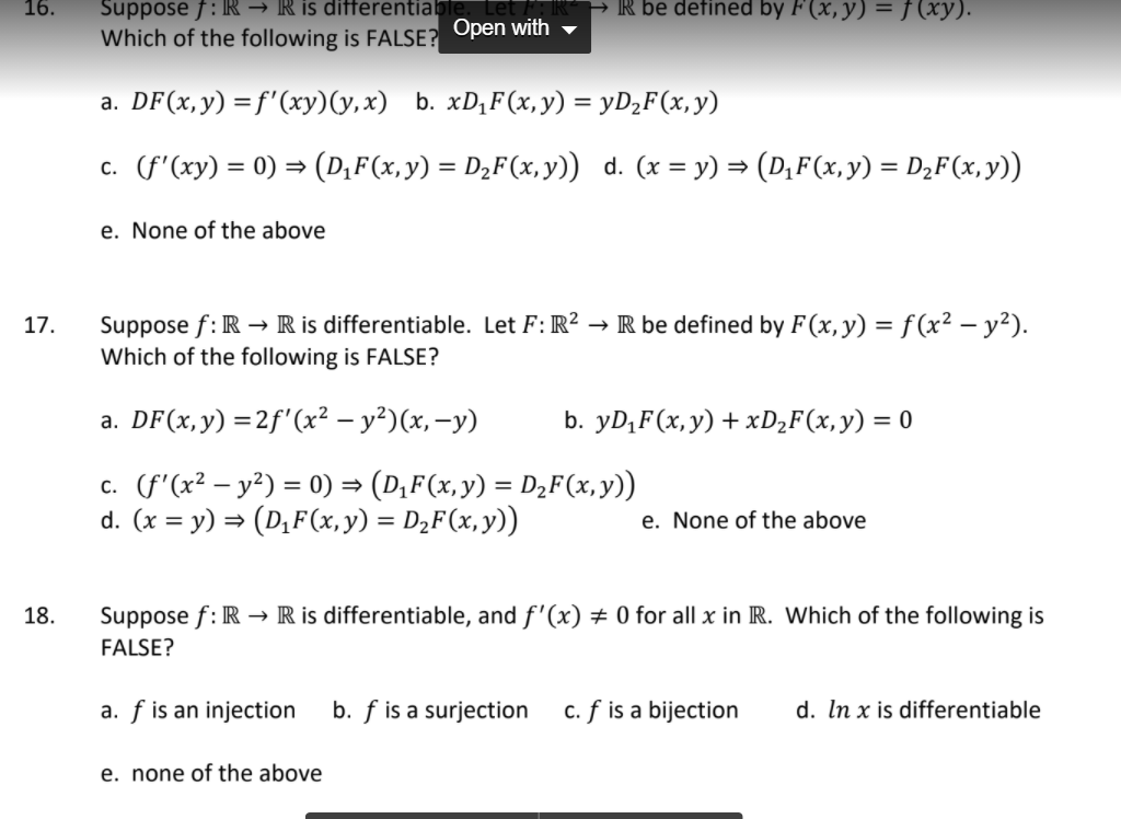 Solved 16. K be defined by F(x, y) = f(xy). Suppose f:R → R | Chegg.com