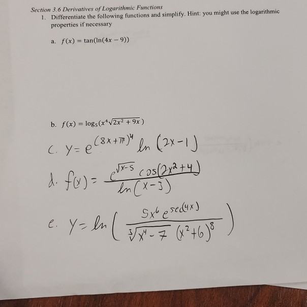 Solved Section 3.6 Derivatives of Logarithmic Functions 1. | Chegg.com