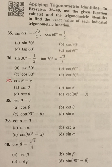 Solved Applying Trigonometric Identities In Exercises 35-40, | Chegg.com