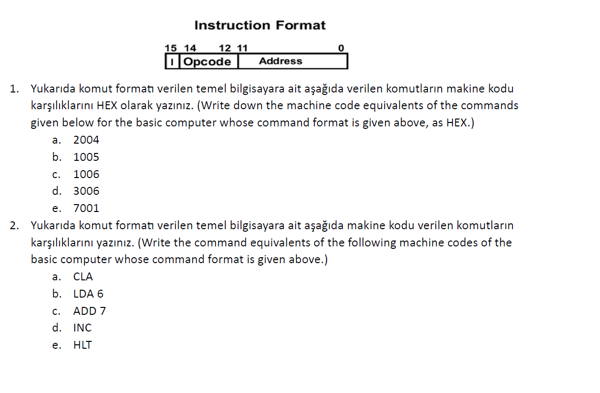 Solved Instruction Format 1. Yukarıda komut formath verilen | Chegg.com
