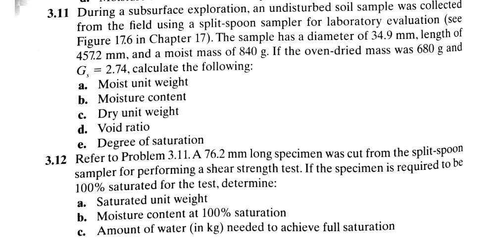 Solved 3.11 During a subsurface exploration, an undisturbed | Chegg.com