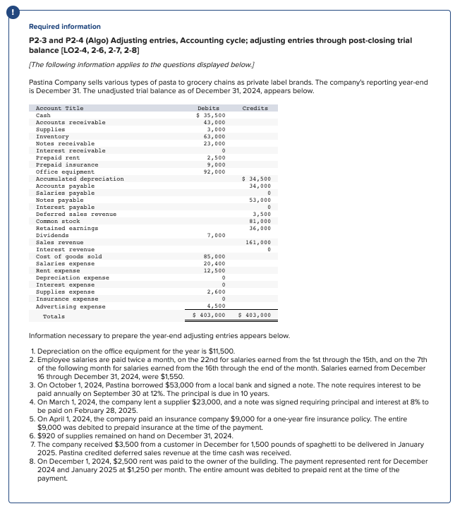 Required information P2-3 and P2-4 (Algo) Adjusting | Chegg.com
