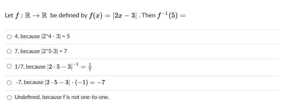 Solved Let f:R→R be defined by f(x)=∣2x−3∣. Then f−1(5)= 4 , | Chegg.com