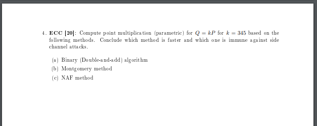 Solved 4. ECC [20]: Compute point multiplication | Chegg.com
