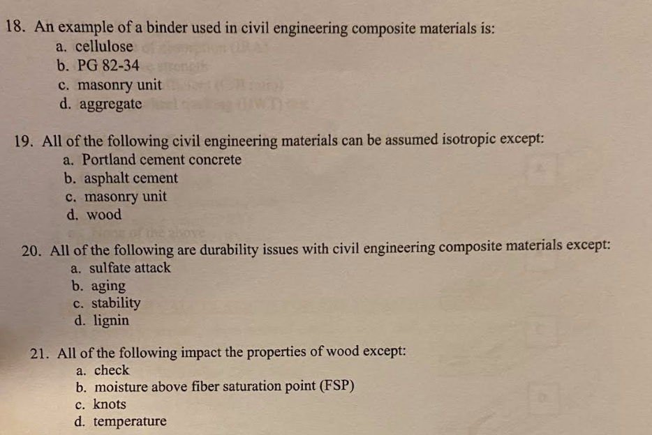 Solved 18. An example of a binder used in civil engineering | Chegg.com