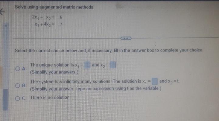 Solved Solve using augmented matrix methods. | Chegg.com