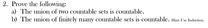 Solved 2. Prove the following: a) The union of two countable | Chegg.com