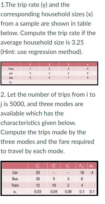 Solved 1.The trip rate (y) and the corresponding household | Chegg.com