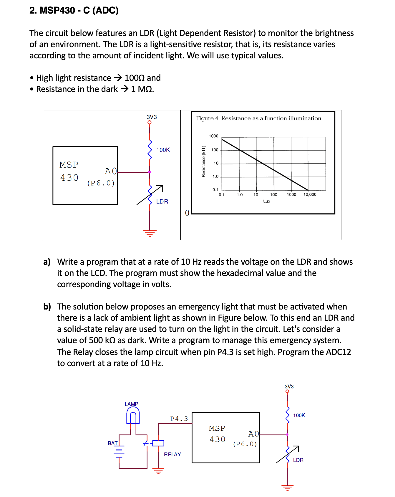 MSP430 - ﻿C (ADC)The circuit below features an LDR | Chegg.com
